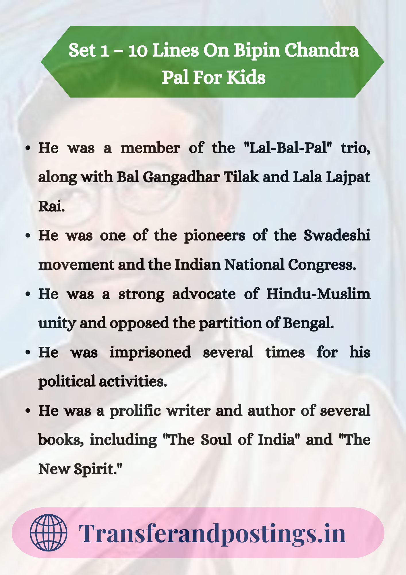 10 Lines on Bipin Chandra Pal